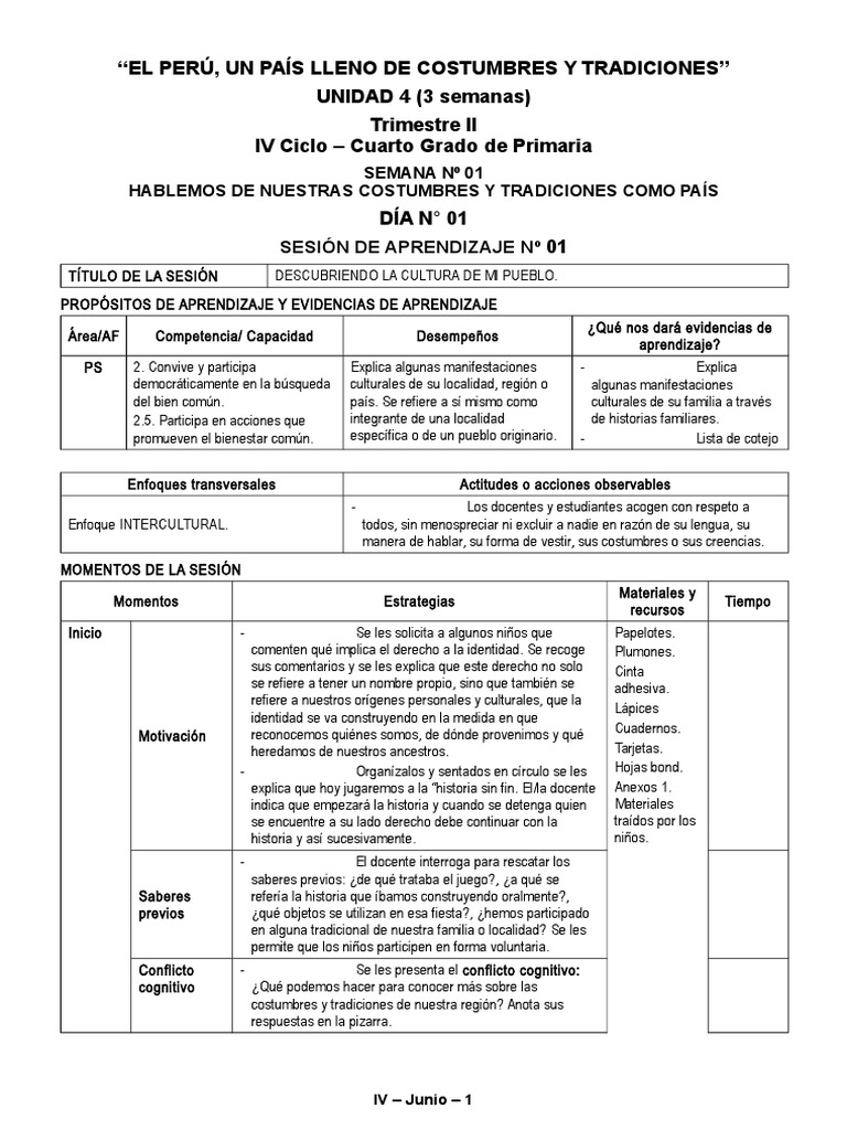 Sesiones de La Unidad - 4° | PDF | Aprendizaje | Lectura (proceso)