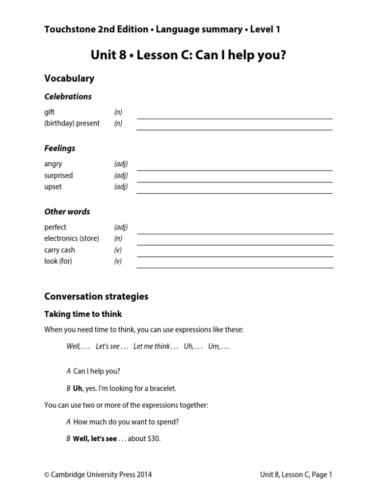 Unit 8 - Lesson C: Can I Help You?: Touchstone 2nd Edition - Language Summary - Level 1 | PDF