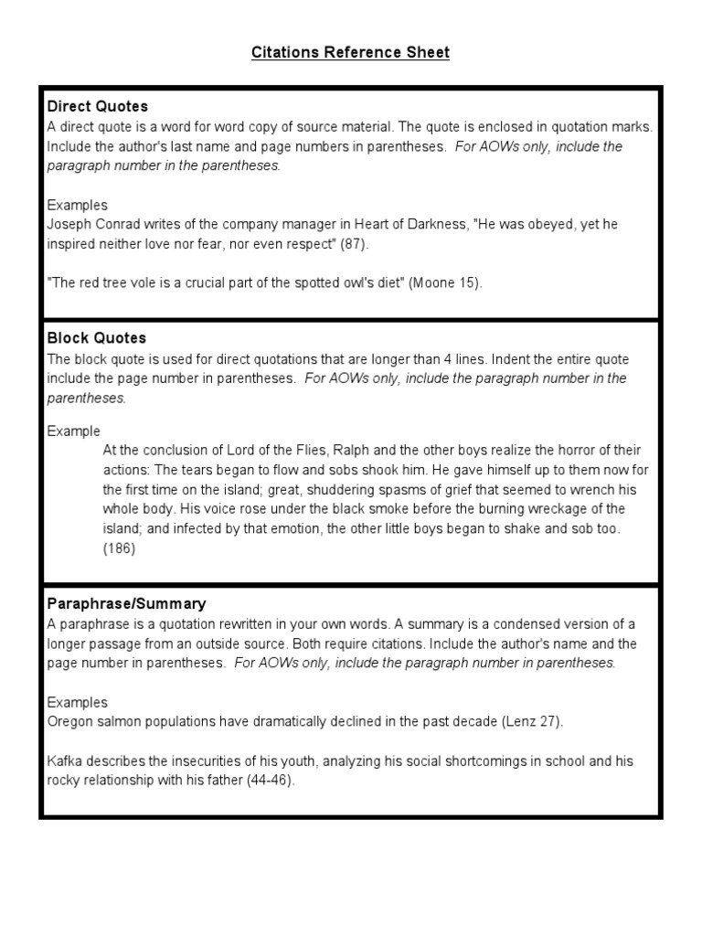 Citations Reference Sheet | PDF | Poetry
