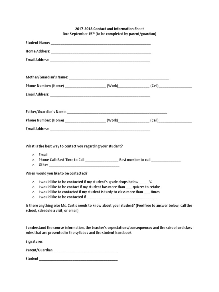 2017-2018 Student Contact Form | PDF | Wellness
