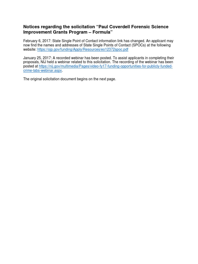 Notices Regarding The Solicitation "Paul Coverdell Forensic Science ...