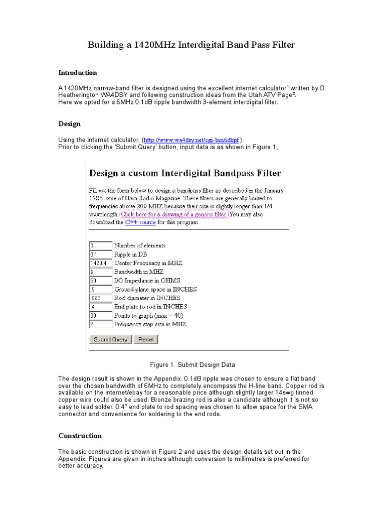 1420MHz Interdigital Band Pass Filter Build | PDF | Bandwidth (Signal ...