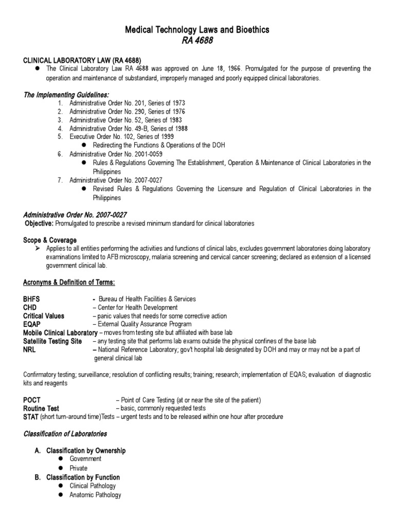 Handouts MTLB 4688 The Clinical Lab Law | PDF | Pathology | Medical ...