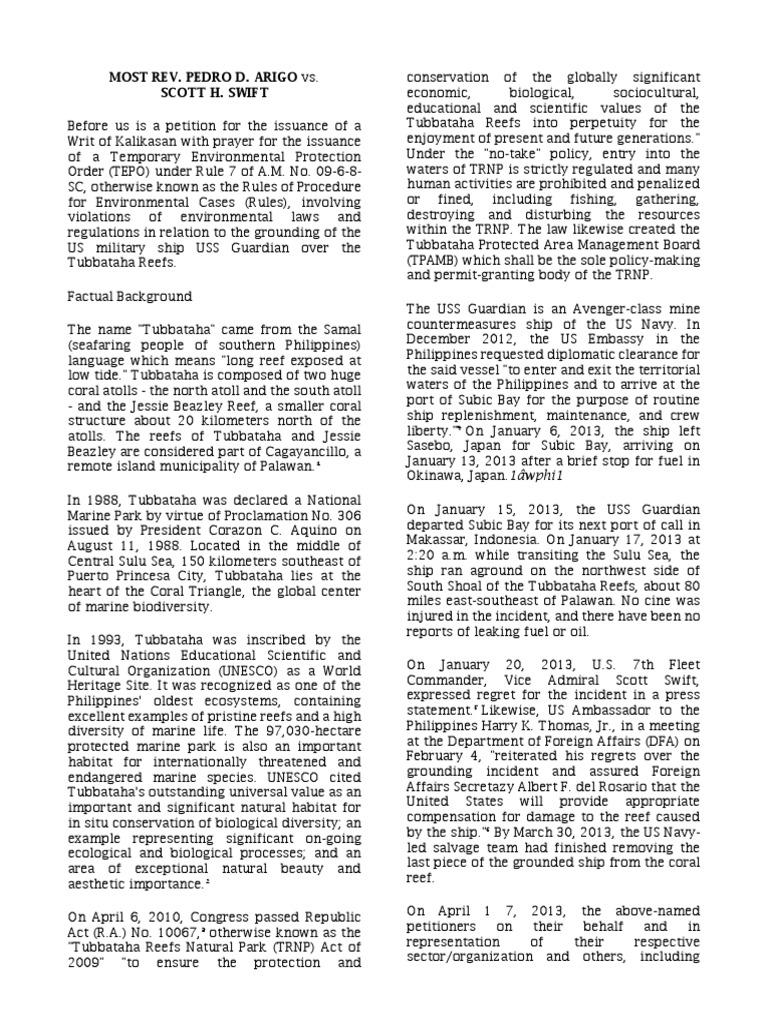 Most Rev. Pedro D. Arigo vs. Scott H. Swift | PDF | Sovereign Immunity ...