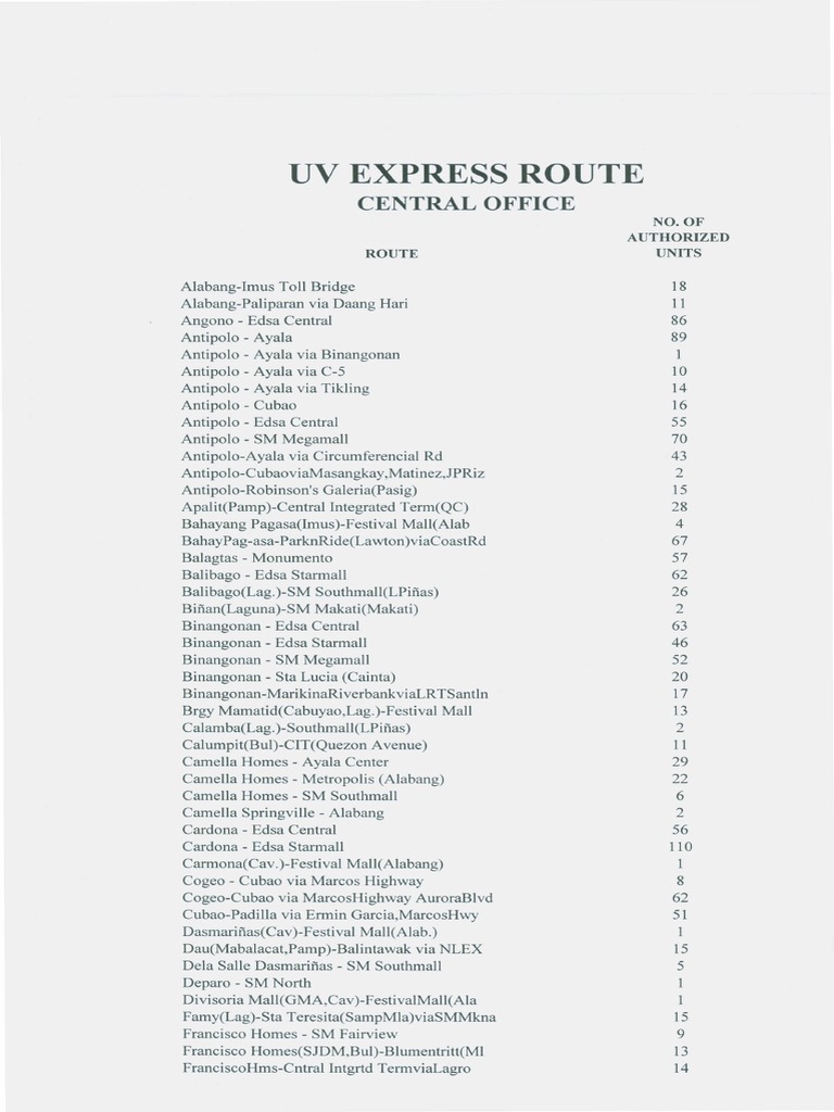 UV EXPRESS ROUTE (Central Office2) PDF | PDF | Makati | Economy Of The ...