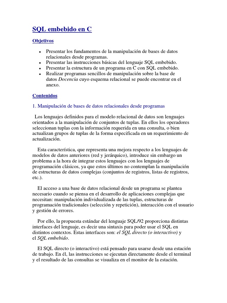 SQL Embebido en C: Fundamentos y Ejemplos | PDF | SQL | Lenguaje de ...
