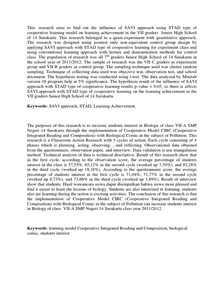 Keywords: SAVI Approach, STAD, Learning Achievement | PDF | Statistical ...