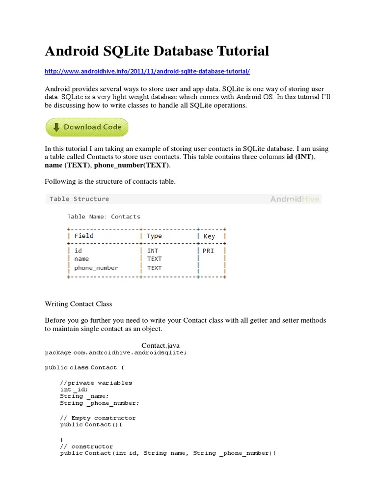 Android SQLite Database Tutorial | PDF | Databases | Java (Programming ...