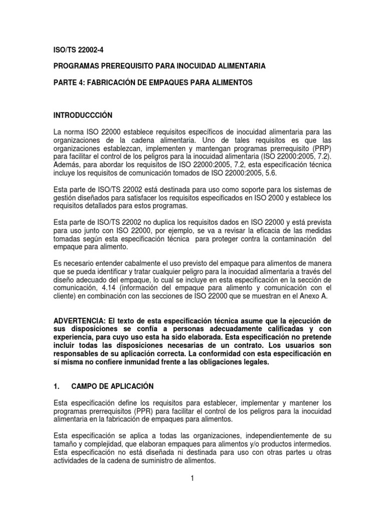 ISO - 22002 - 4-2013. Traducción | PDF | Alimentos | Contaminación