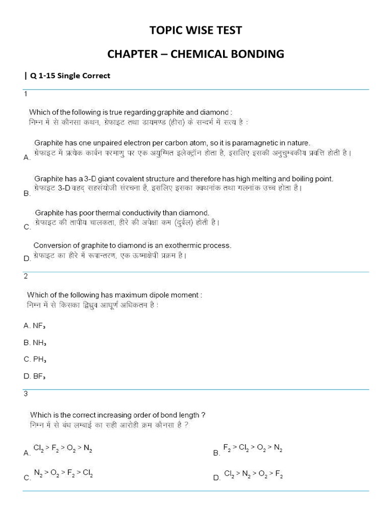 Topic Wise Test - Chemical Bonding: - Q 1-15 Single Correct | PDF ...