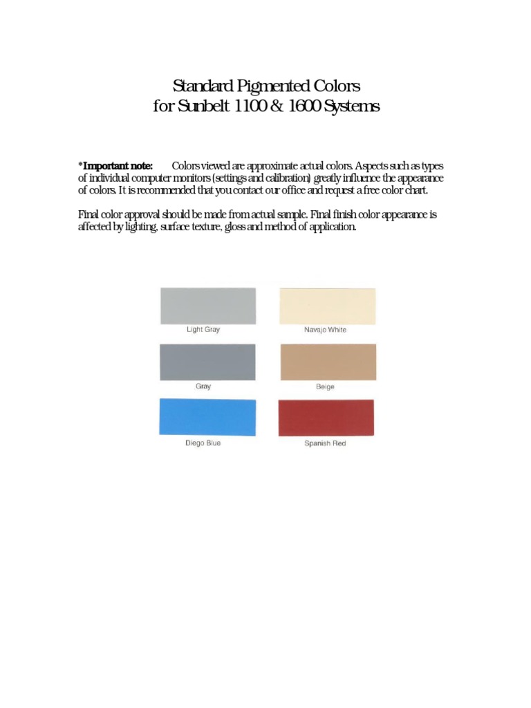 Standard Pigmented Colors For Sunbelt 1100 & 1600 Systems | PDF