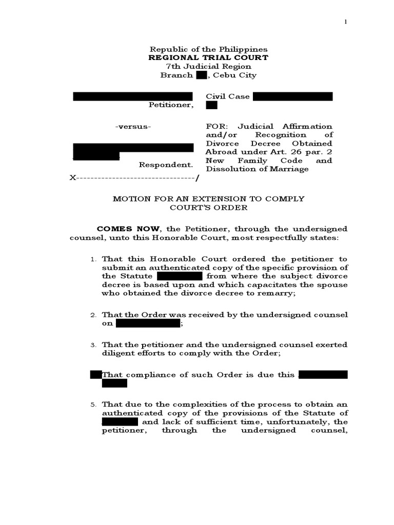 Motion For Extension | PDF | Divorce | Marriage