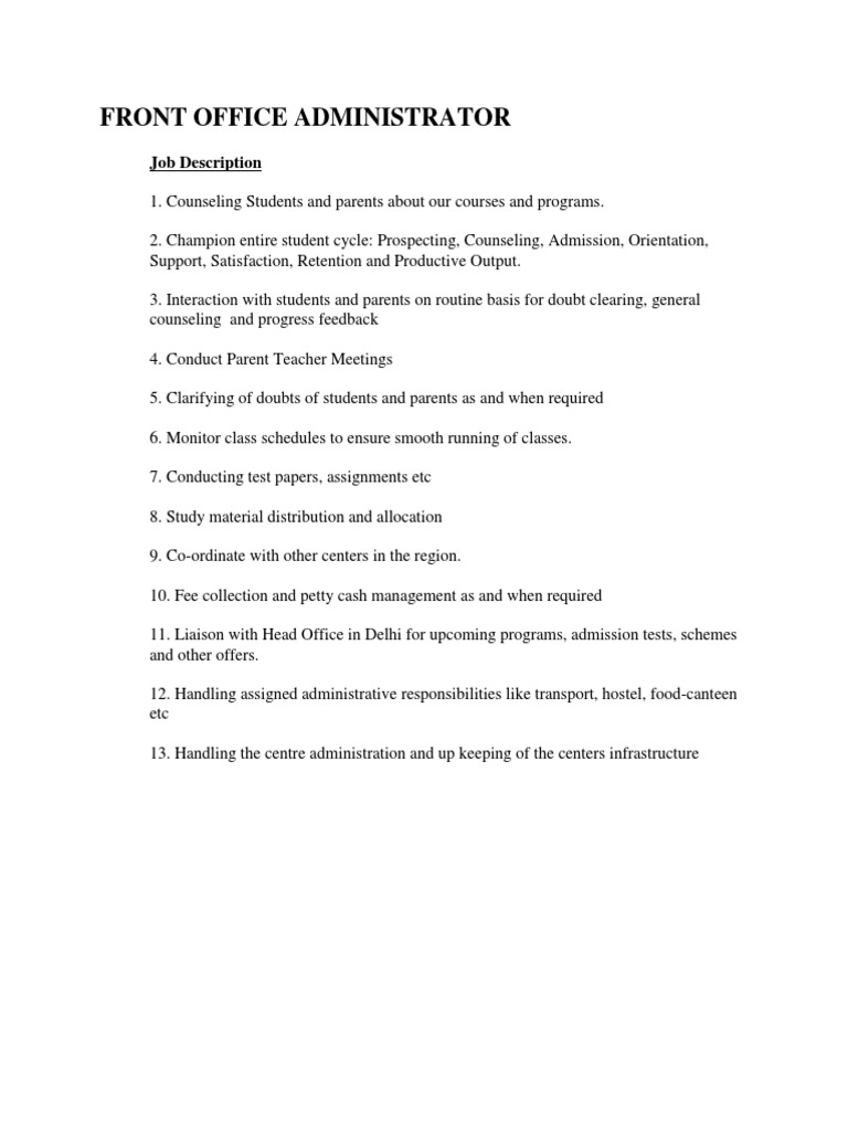 Front Office Admin Job Overview | PDF