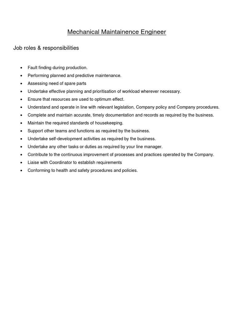 Mechanical Maintenance Engineer Duties | PDF
