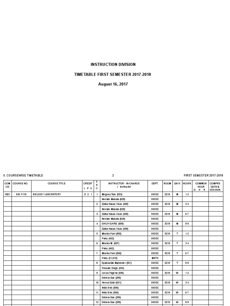 Timetable Booklet Specially For BITS Pilani | PDF