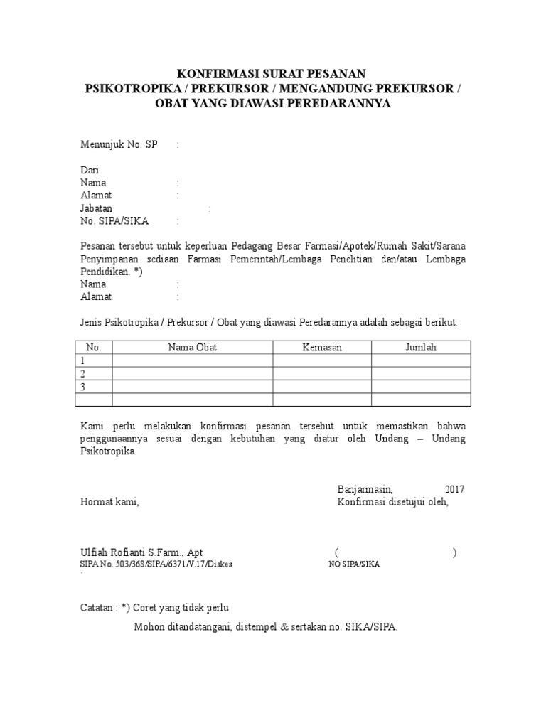 Surat Konfirmasi Psikotropika, Prekursor, Oot | PDF