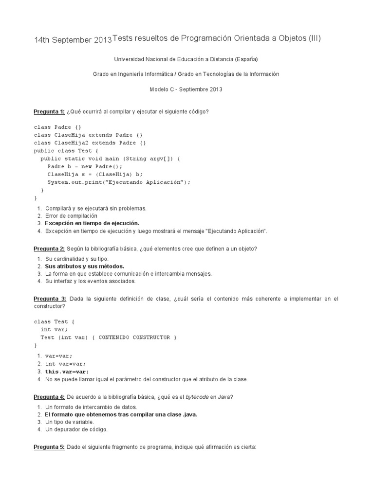 Test Resueltos de POO (III) | PDF | Java (lenguaje de programación ...