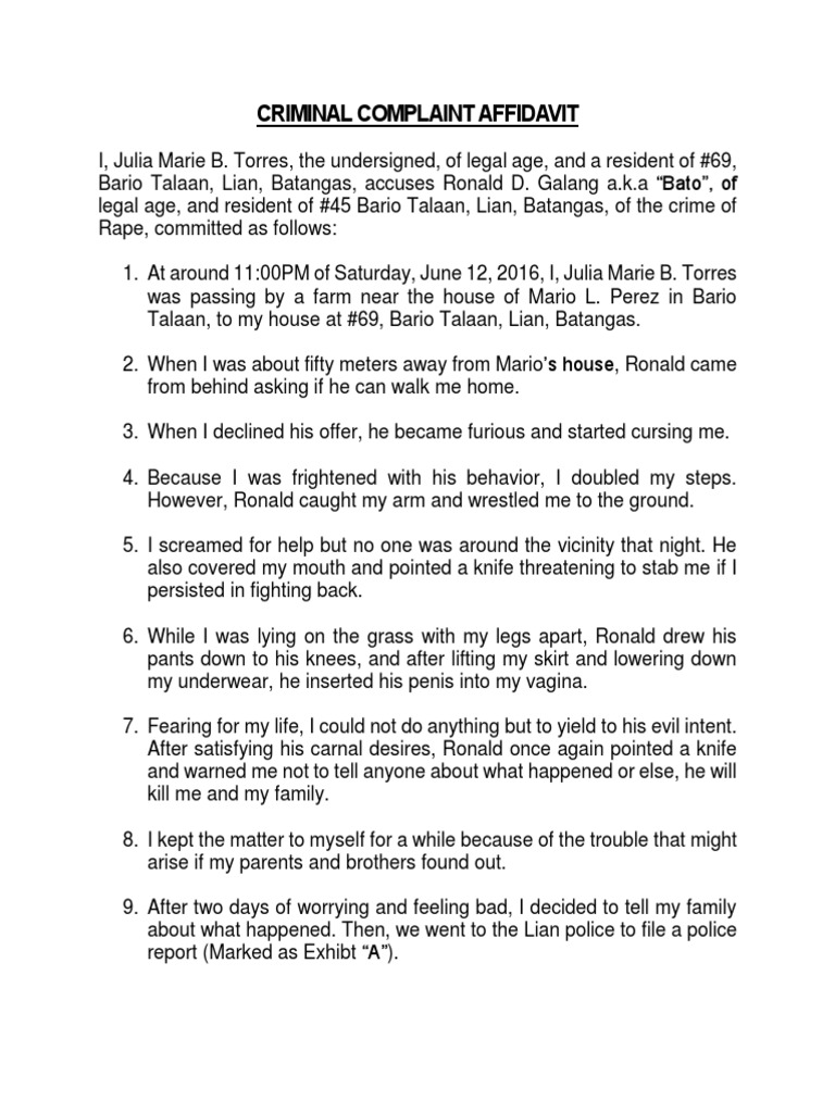 Criminal Complaint Affidavit | Rape | Crimes