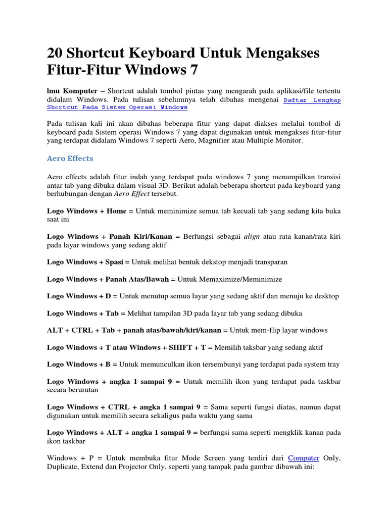 20 Shortcut Keyboard Untuk Mengakses Fitur-Fitur Windows 7 | PDF | Game ...