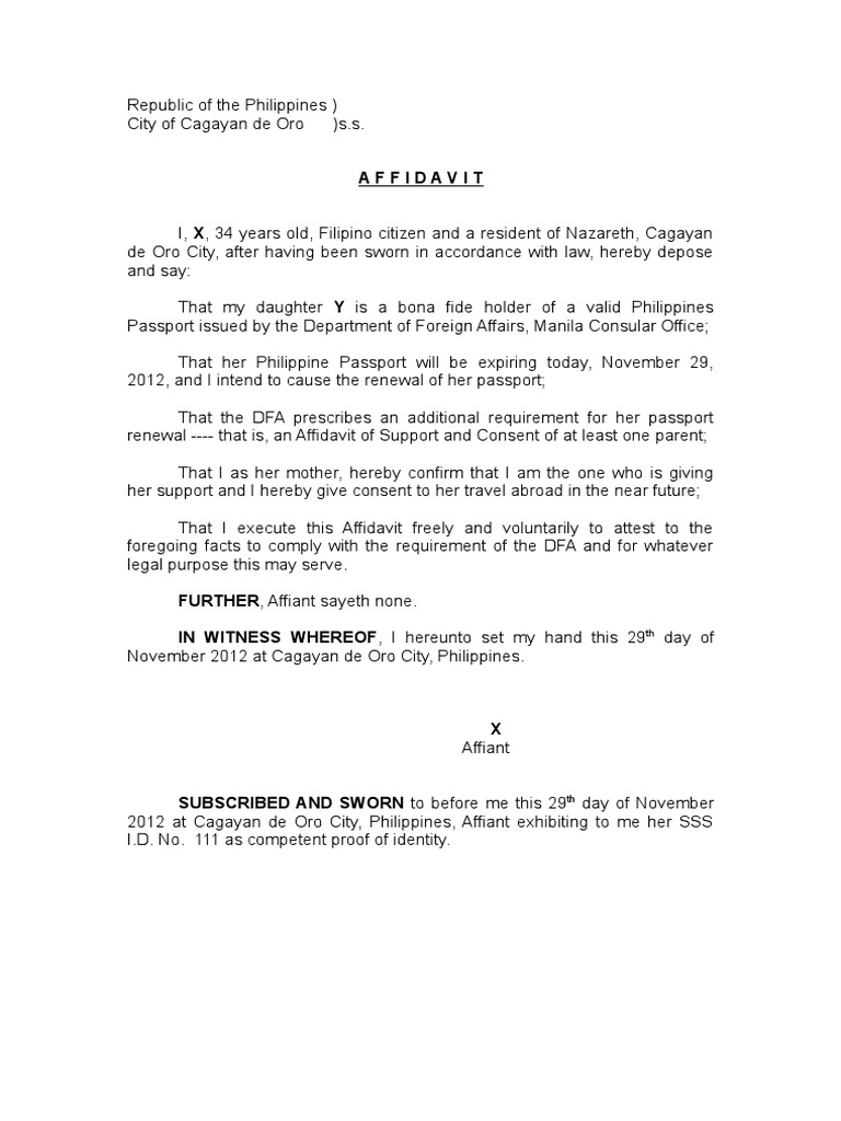 Affidavit of Consent Support DFA | PDF