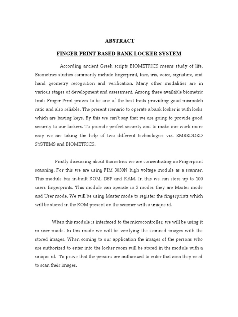 Fingerprint Based Bank Locker System | PDF | Biometrics | Fingerprint