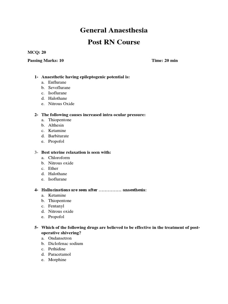 General Anaesthesia MCQs | PDF | Drugs Acting On The Nervous System ...