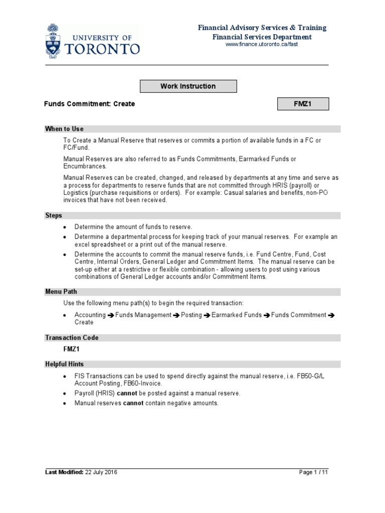 Work Instruction Funds Commitment: Create Fmz1: When To Use | PDF | Accounts Payable | Payments