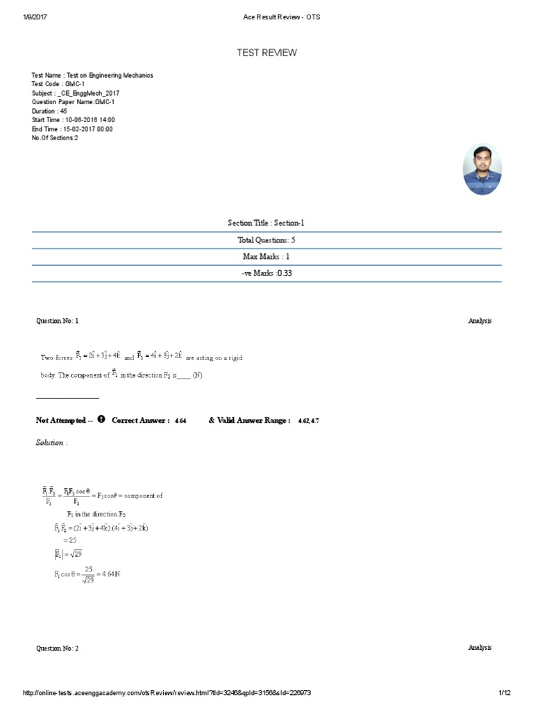 Engineering Mechanics Test Review: Analysis of Answers and Solutions ...