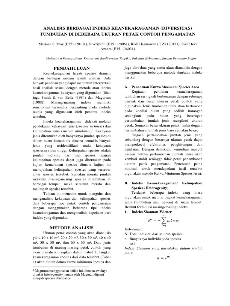 Analisis Berbagai Indeks Keanekaragaman PDF | PDF
