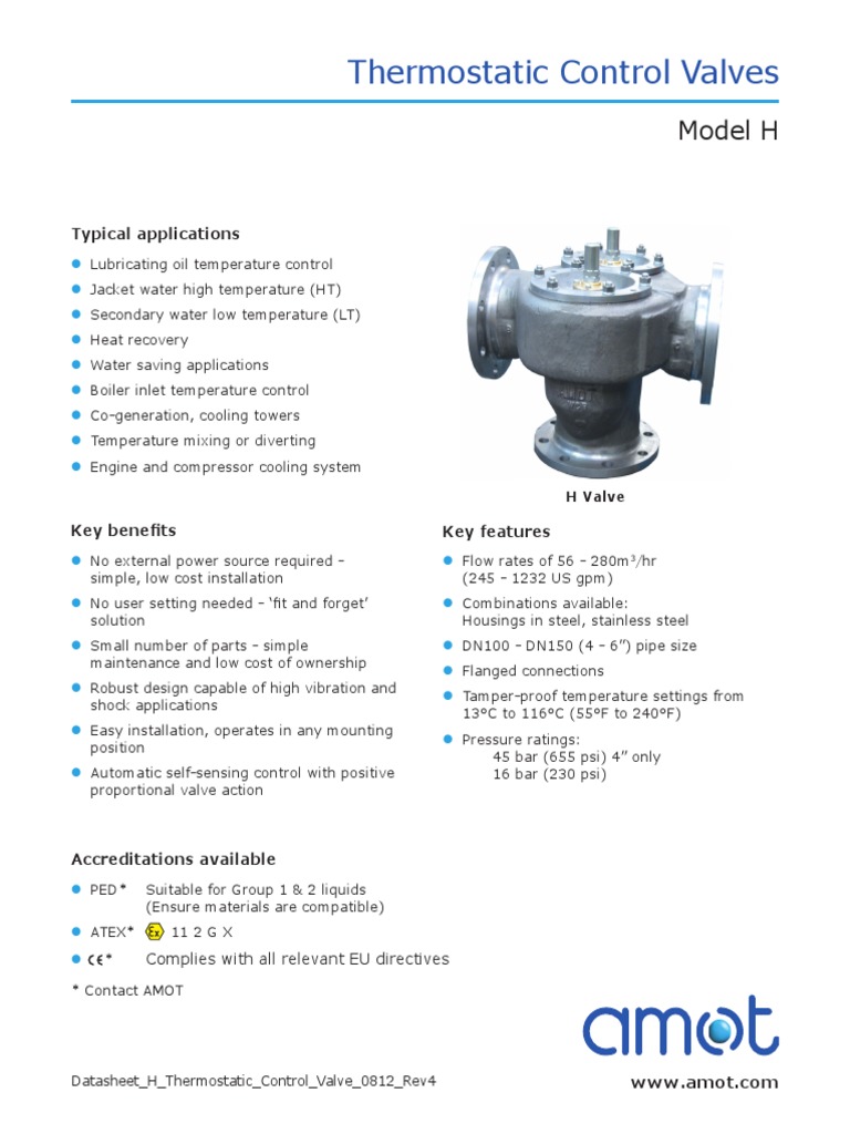 Datasheet H Thermostatic Valve 0812 Rev4 | PDF | Valve | Thermostat