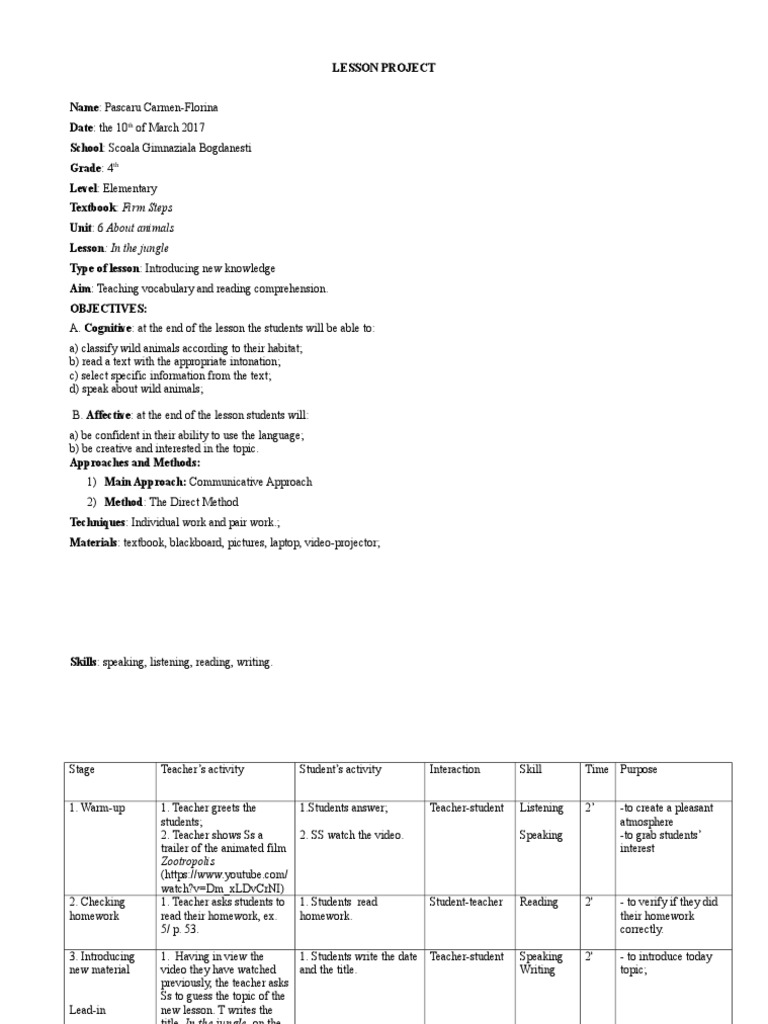 Jungle Animals Lesson Plan for Kids | PDF | Reading Comprehension ...