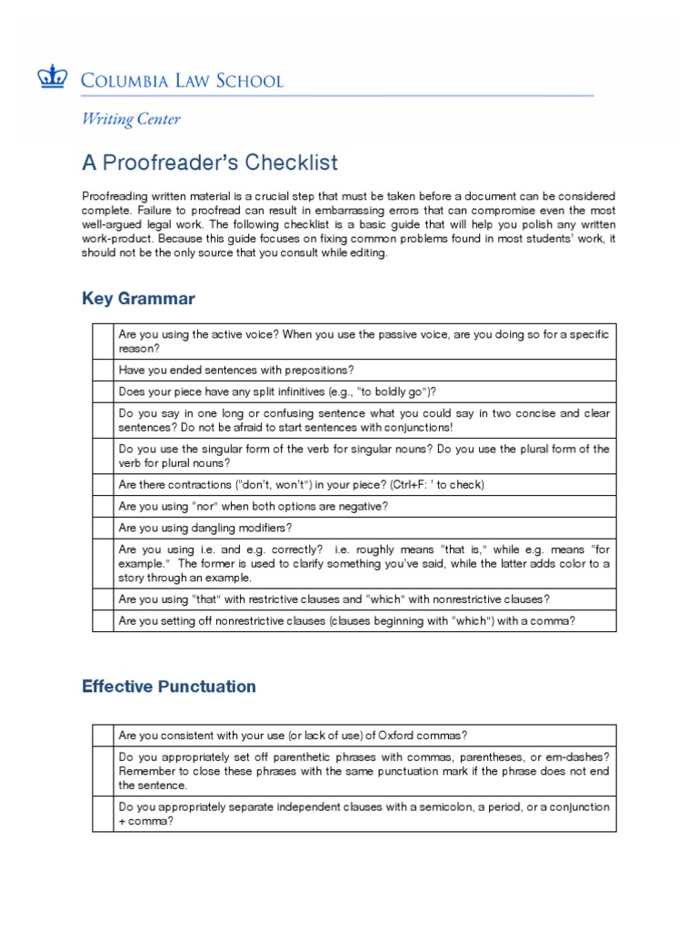 Proofreading Checklist | Comma | Punctuation