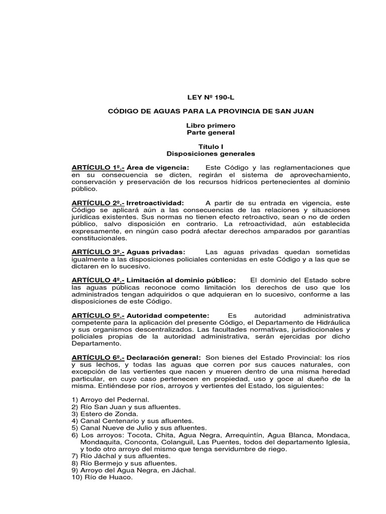 Ley #190-L. CÓDIGO DE AGUAS PARA LA PROVINCIA DE SAN JUAN. | PDF ...