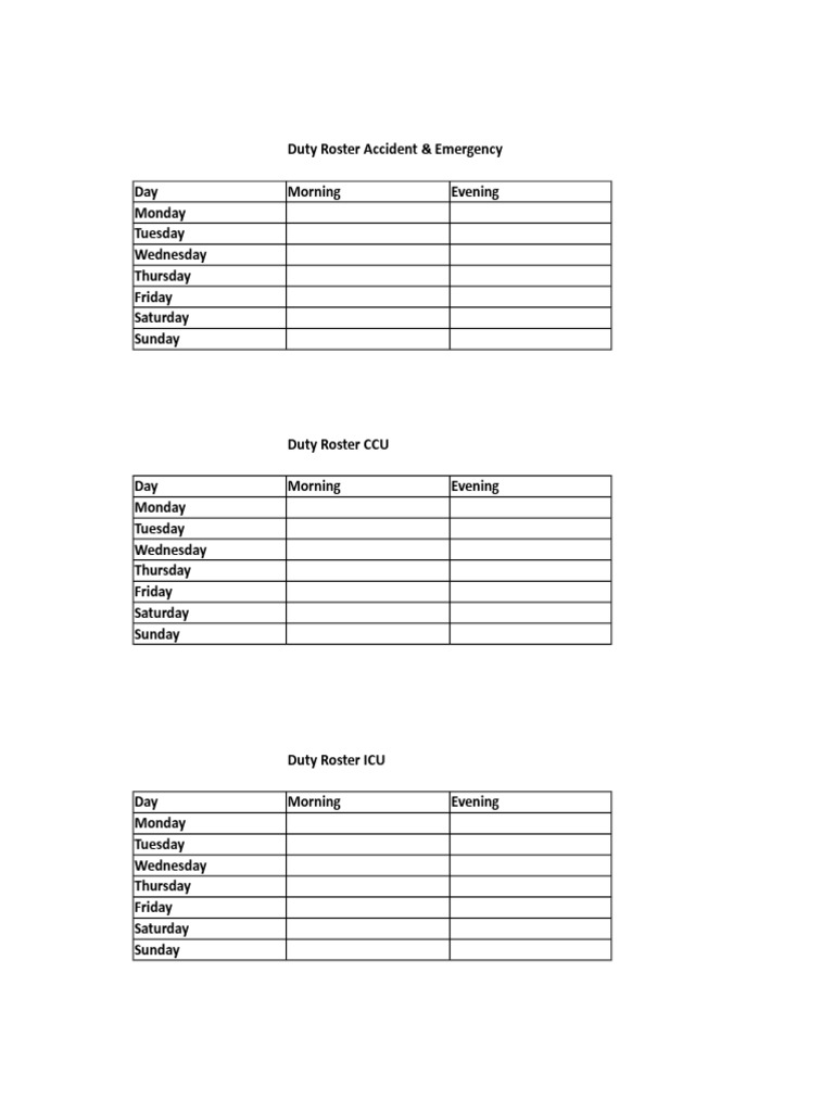 Duty Roster | Intensive Care Unit | Hospital And Clinic