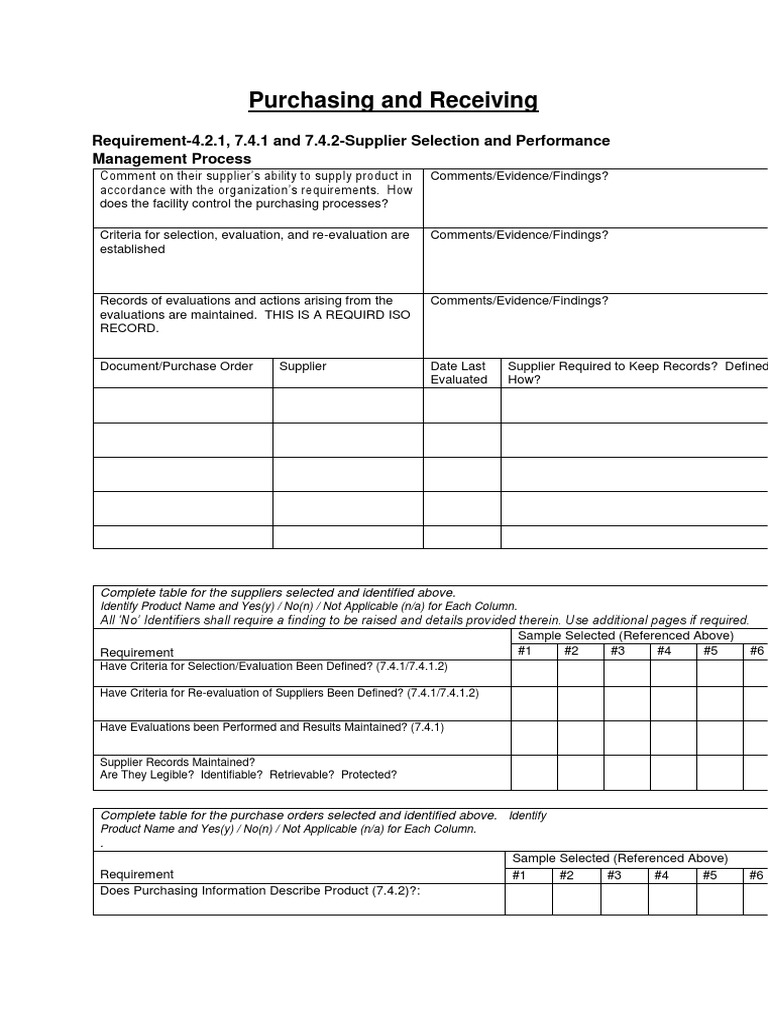 Purchasing and Receiving: Requirement-4.2.1, 7.4.1 and 7.4.2-Supplier ...