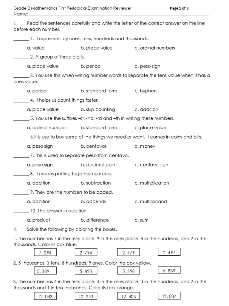 Grade 2 Math 1st Periodical Test Reviewer | PDF | Subtraction | Numbers