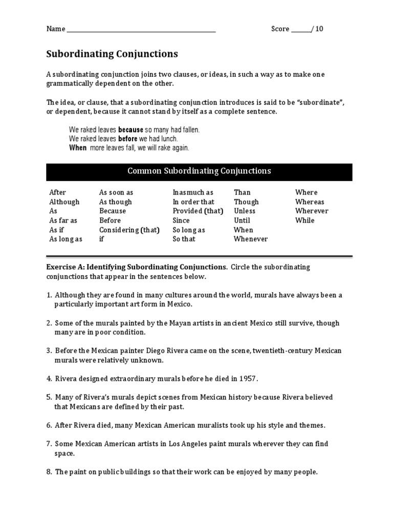 Subordinating Conjunctions Worksheet