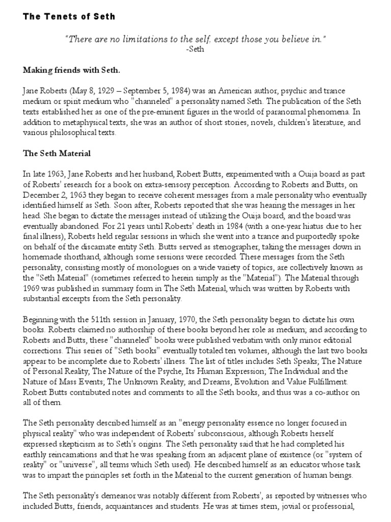 Summary, Tenets, Quotes of The Seth Material PDF | PDF | Reality ...