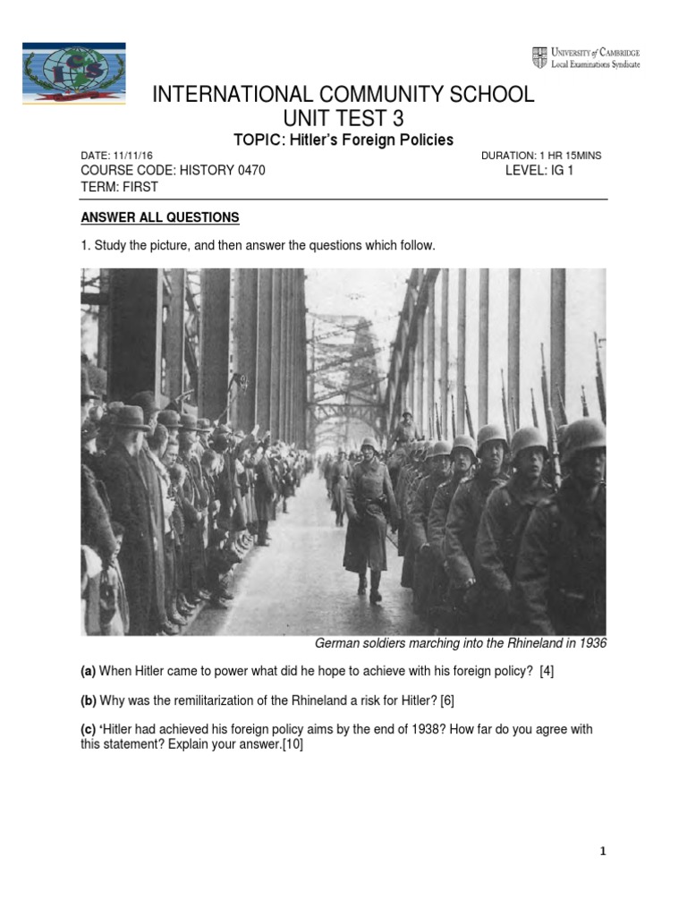 International Community School Unit Test 3: TOPIC: Hitler's Foreign ...