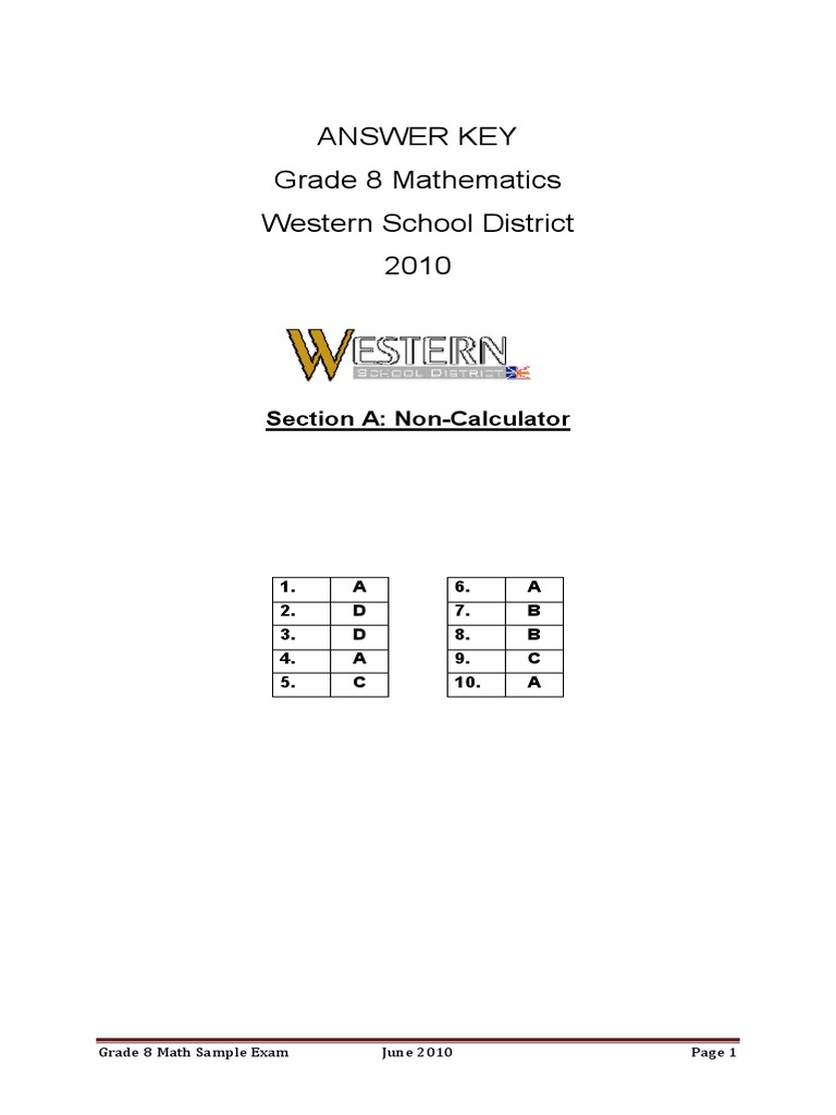 Answer Key-Grade 8 Math Sample PDF | PDF | Fraction (Mathematics ...