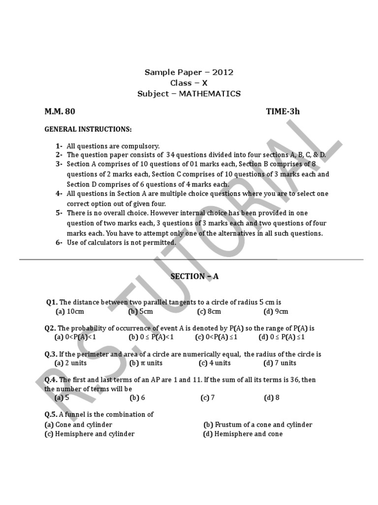 Mathematics Sample Paper Class X | PDF | Circle | Sphere