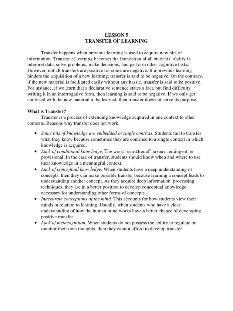 Lesson 5 Transfer of Learning | PDF | Concept | Learning