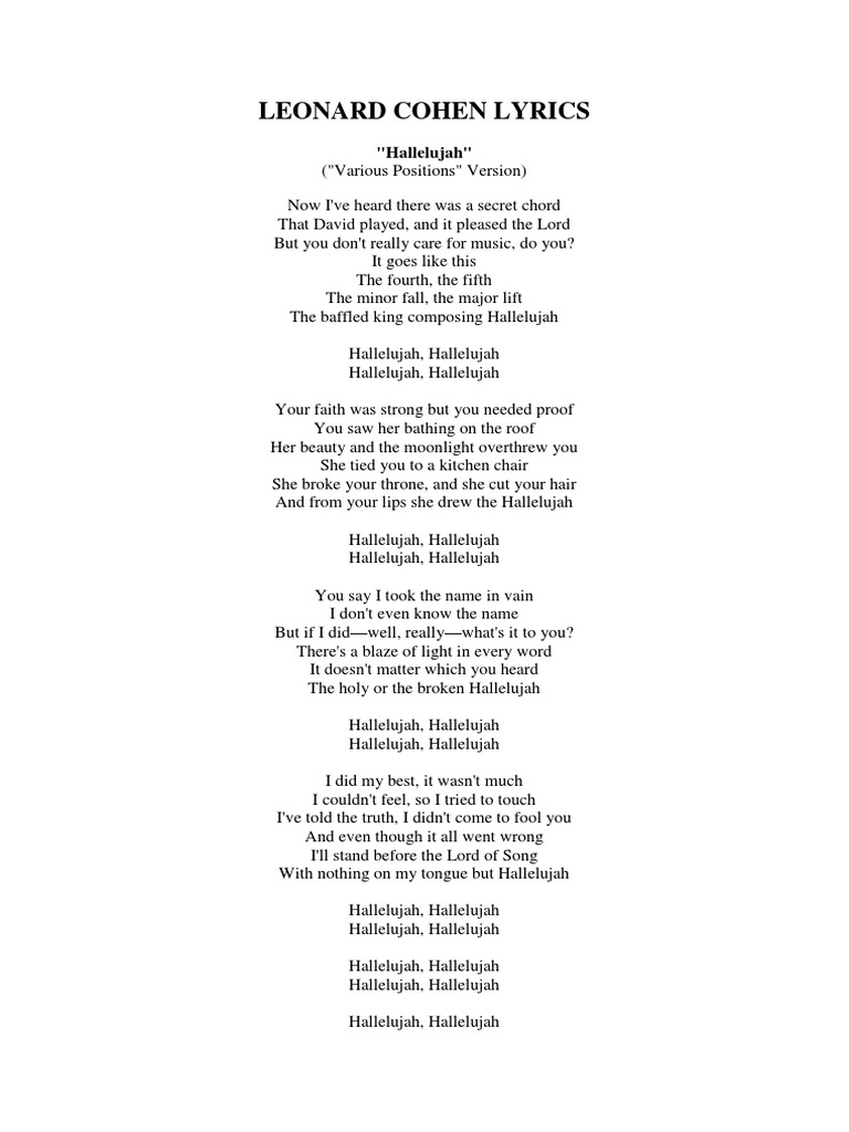 Leonard Cohen Lyrics: "Hallelujah" | PDF | Language Arts & Discipline