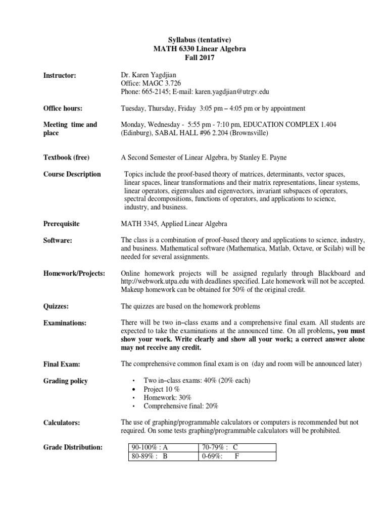 Linear Algebra - Syllabus | PDF | Academic Dishonesty | Linear Algebra
