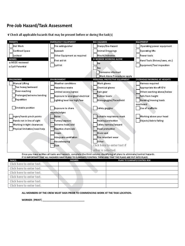Pre-Job Hazard/Task Assessment: Check All Applicable Hazards That May ...
