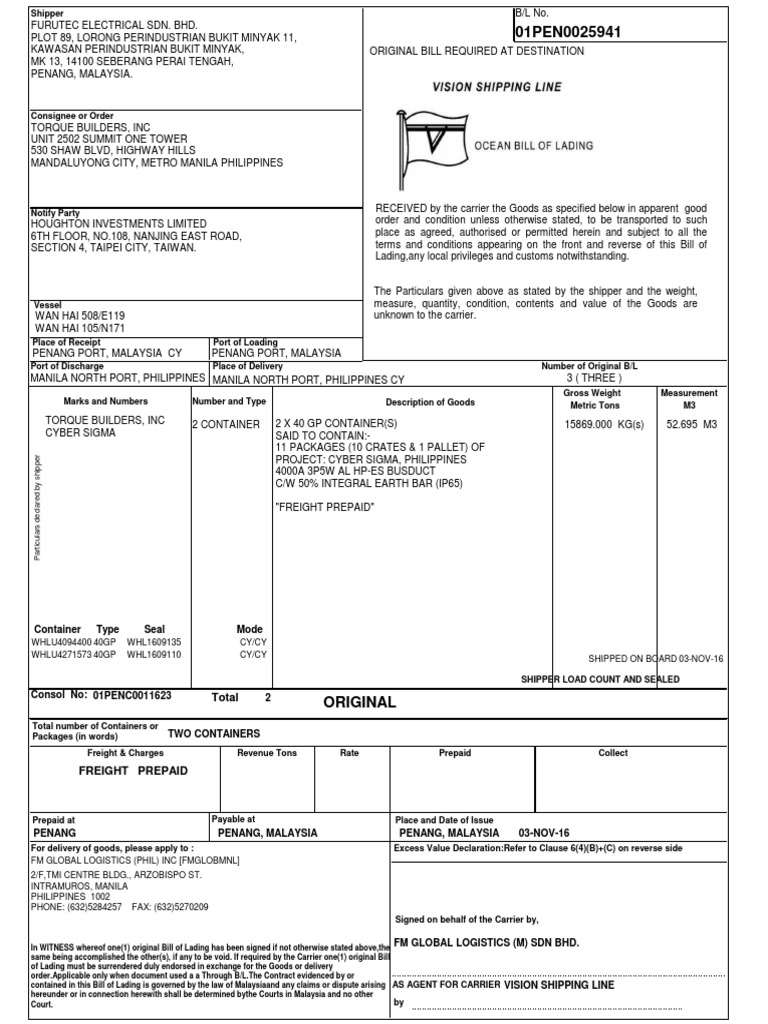 Vision Bill of Lading 01pen0025941 2016 11 03 141928 | PDF | Cargo ...