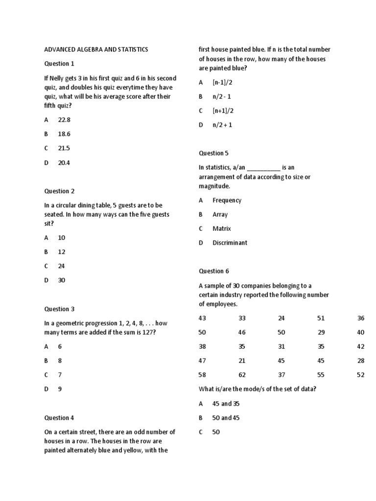 Advanced Algebra and Statistics Quiz | PDF | Matrix (Mathematics) | Median