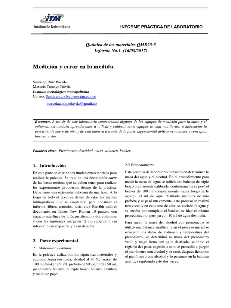 Informe De Práctica De Laboratorio Medición Laboratorios