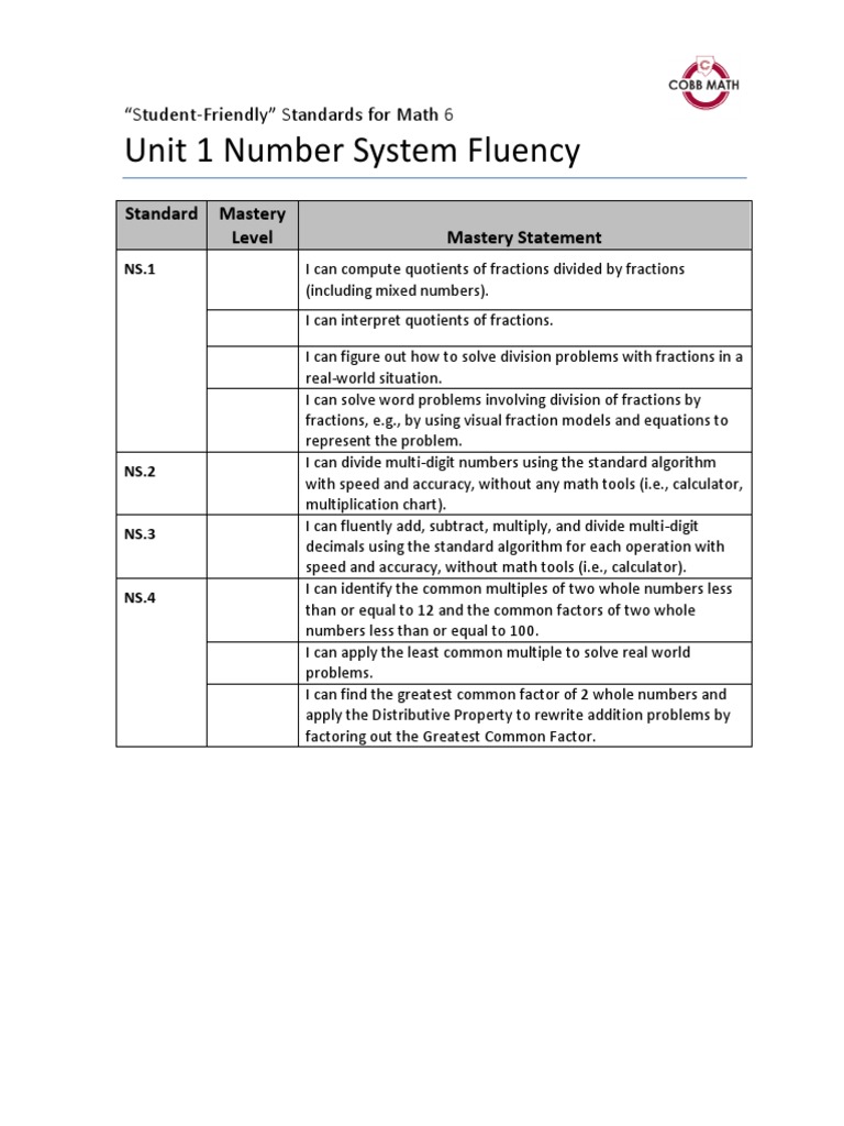 Math 6 Standards: Number System Fluency | PDF | Teaching Methods ...