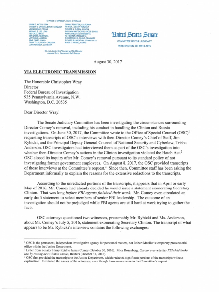 Grassley Letter to FBI About Comey Conclusion B4 Investigation Complete ...